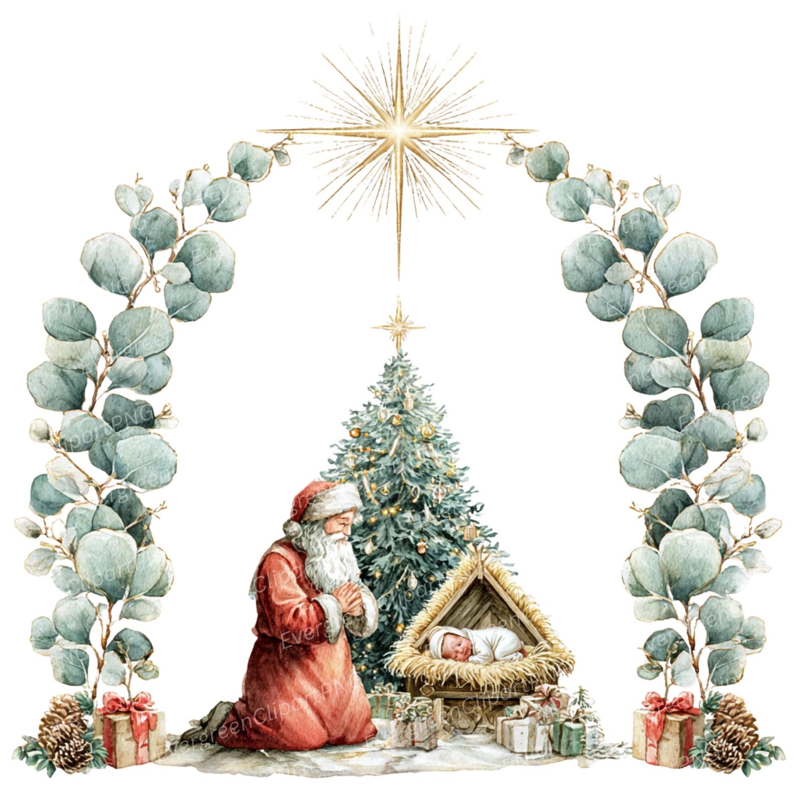 12 Santa Praying to Jesus Christmas Frame Clipart: Watercolor Holiday ...