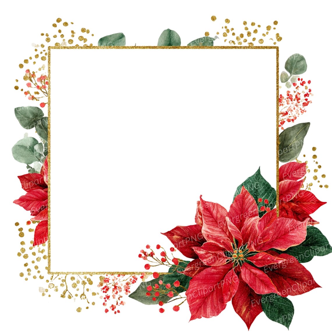12 Poinsettia Christmas Frame Clipart: Watercolor Floral Wreaths (PNG ...