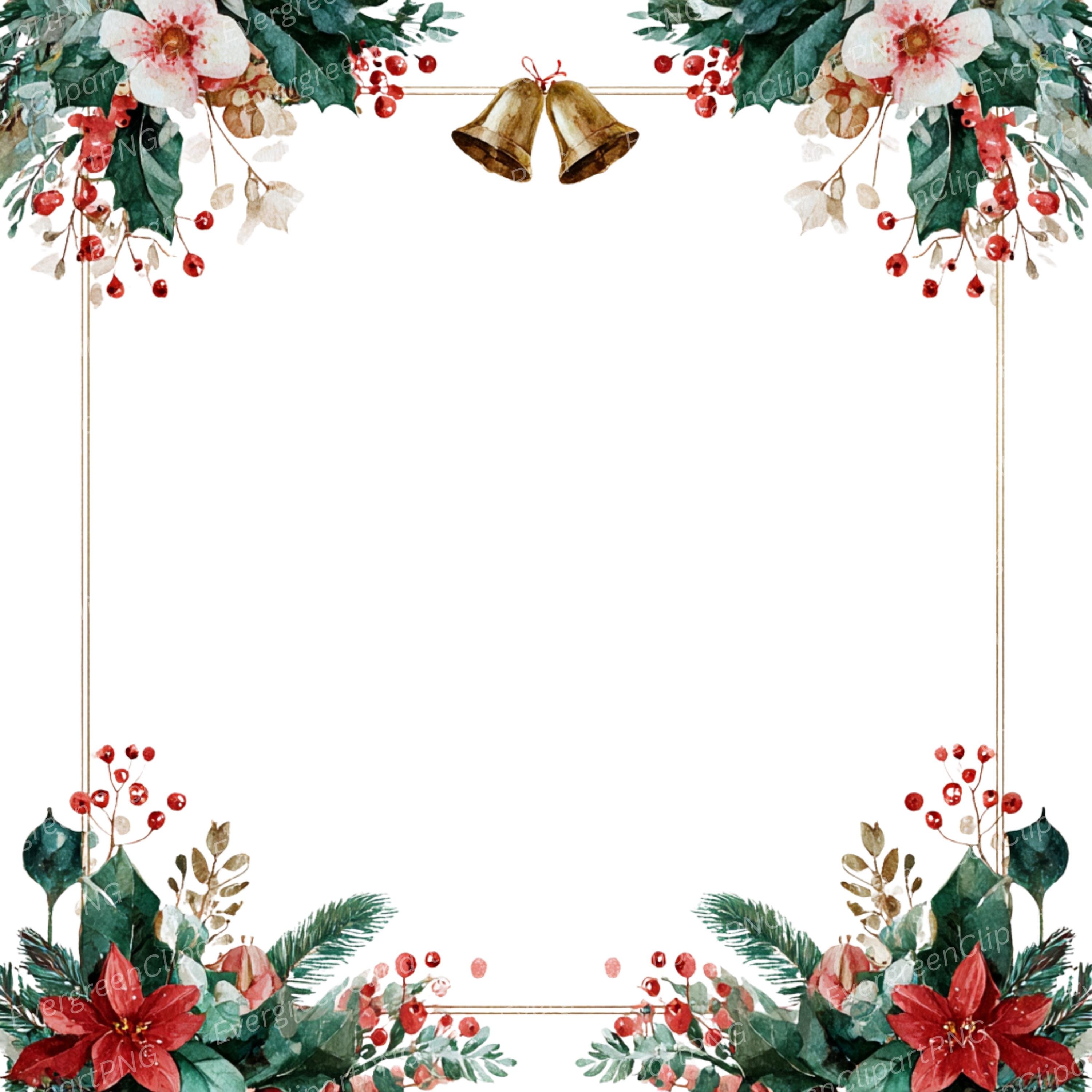 Watercolor Christmas Bell Frame Clipart, Pine Garland (4 PNG Digital ...