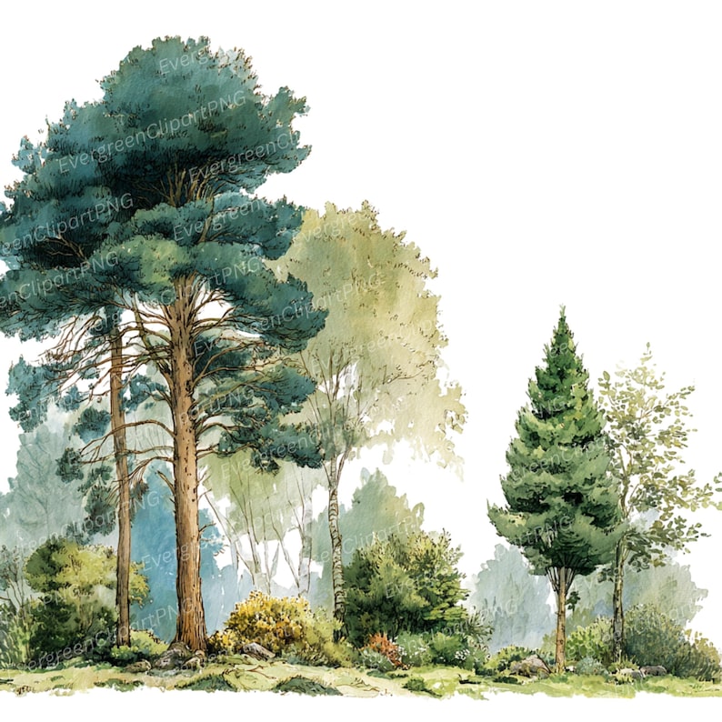 Watercolor Forest Tree Clipart: Woodland Landscape PNG (digital ...