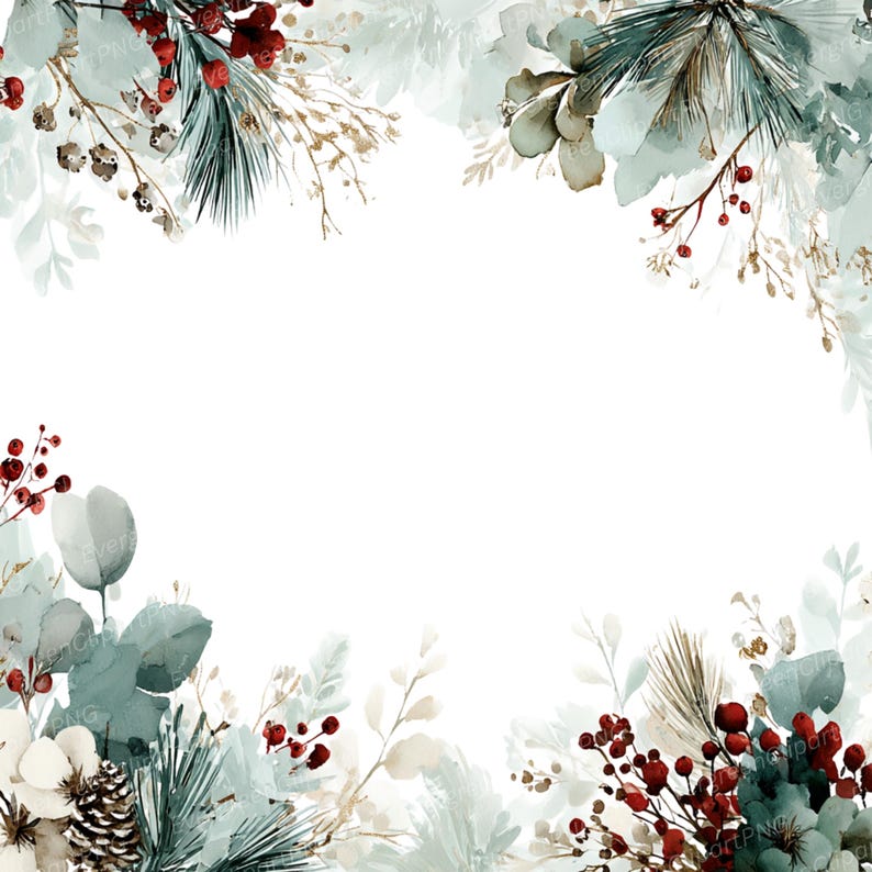 12 PNG Watercolor Christmas Frame Clipart, Holiday Wreaths, Festive ...