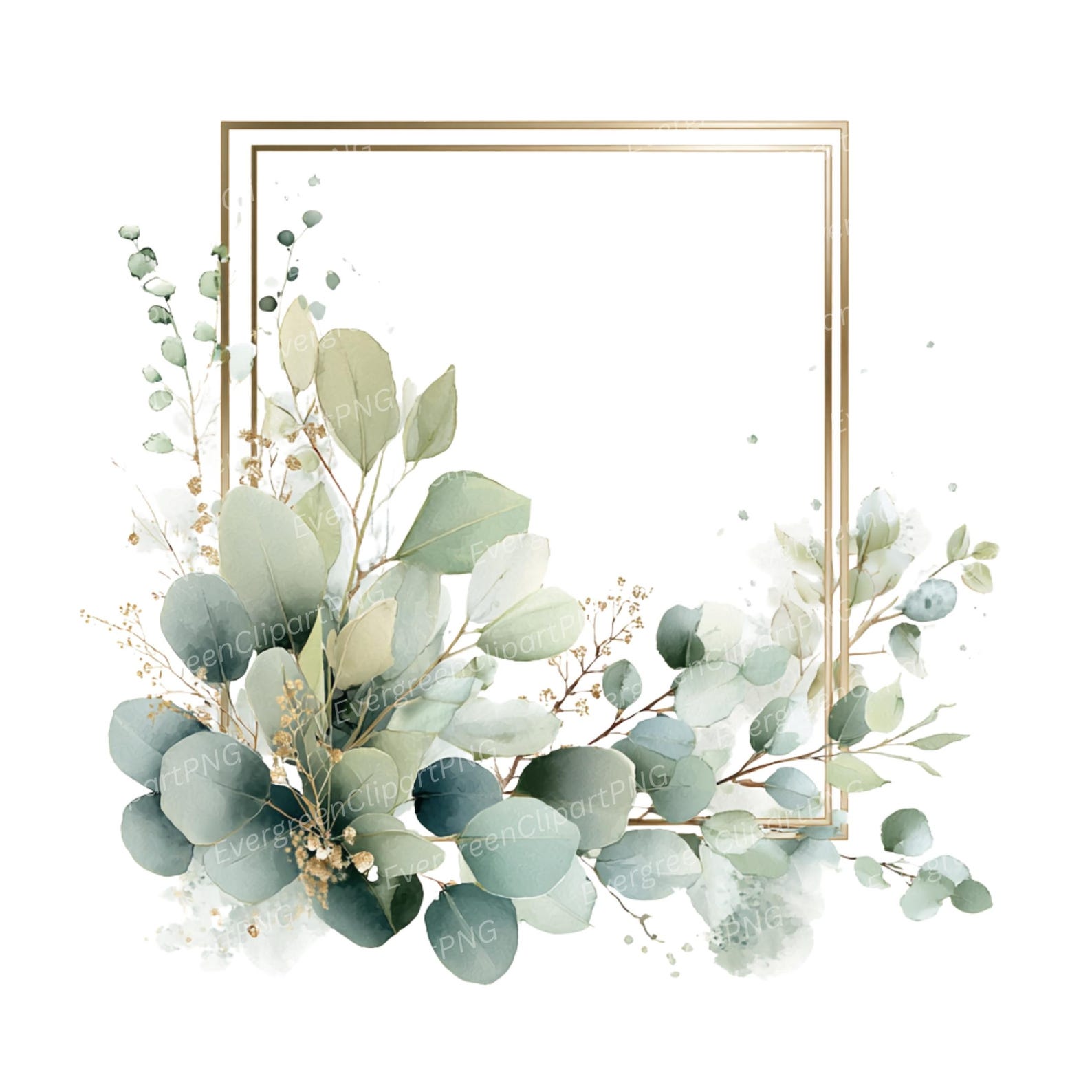 10 Eucalyptus Gold Frame Clipart: Watercolor Greenery, Botanical ...