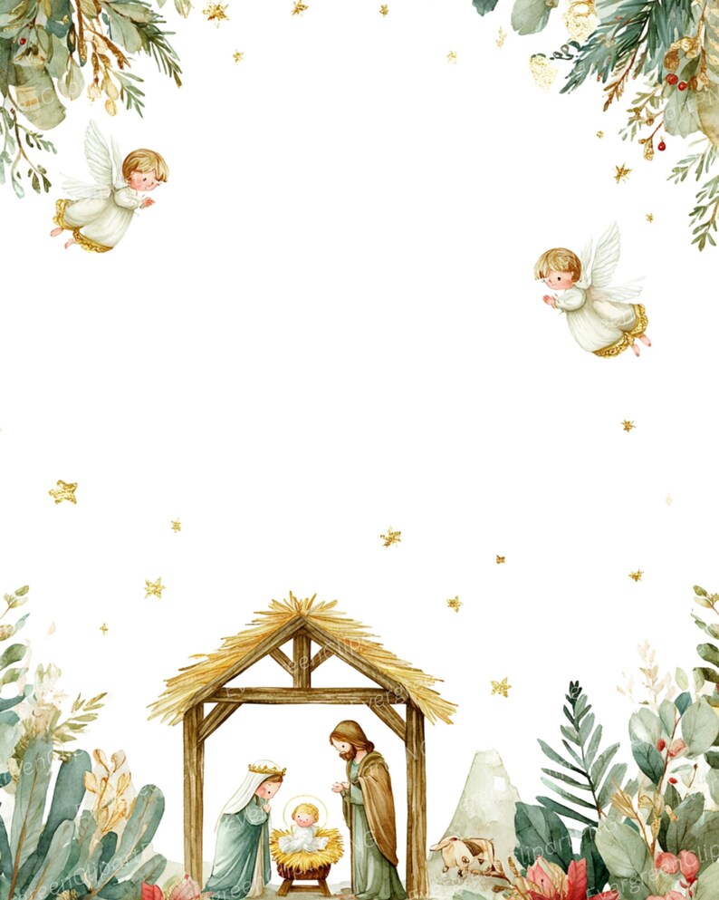 Watercolor Nativity Frames: Holy Family, Angels, Stars (PNG Digital ...