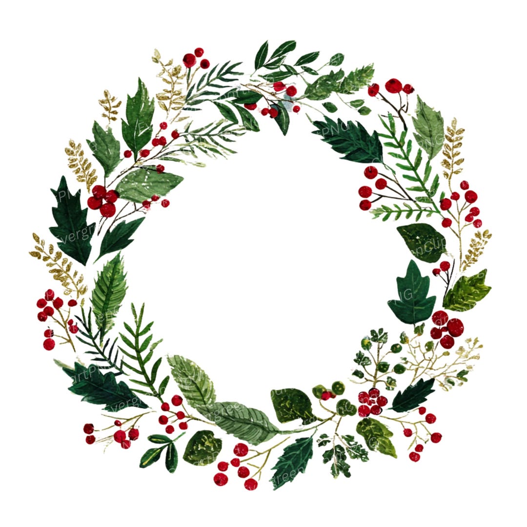 Watercolor Christmas Wreaths PNG: Holiday Greenery Clipart (digital ...