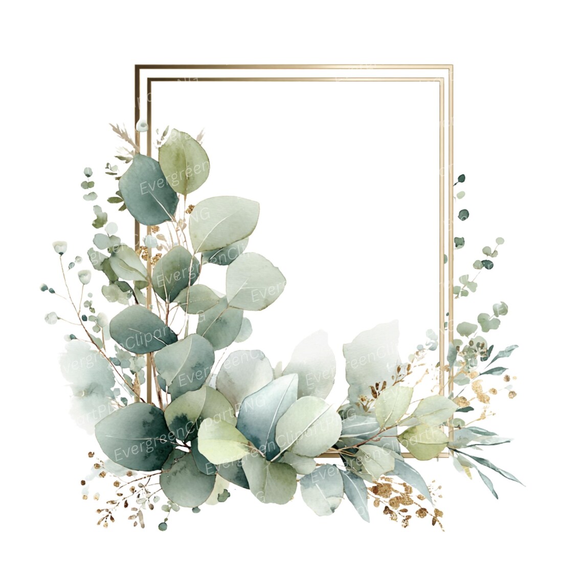 10 Eucalyptus Gold Frame Clipart: Watercolor Greenery, Botanical ...