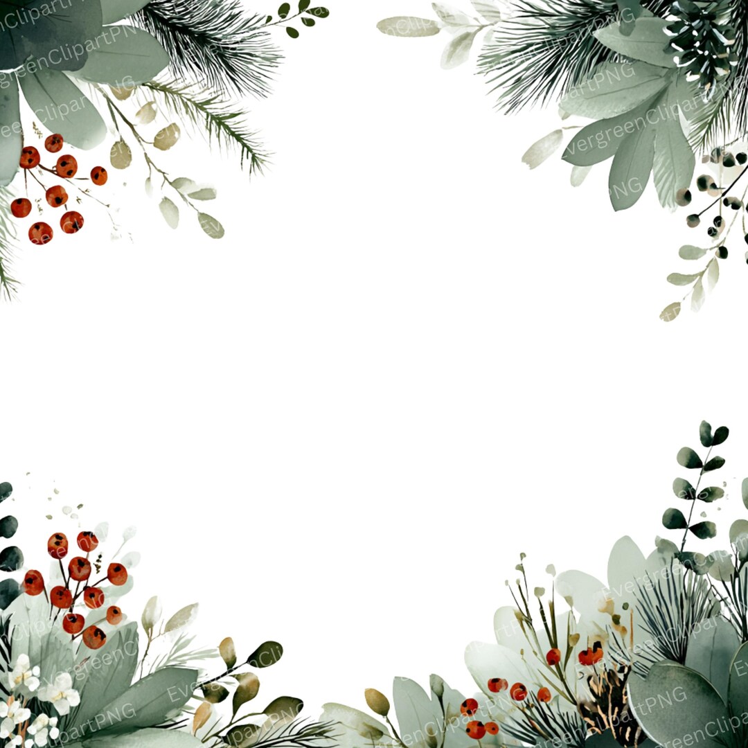 Christmas Greenery Frame Clipart: Watercolor Holiday PNG (digital ...