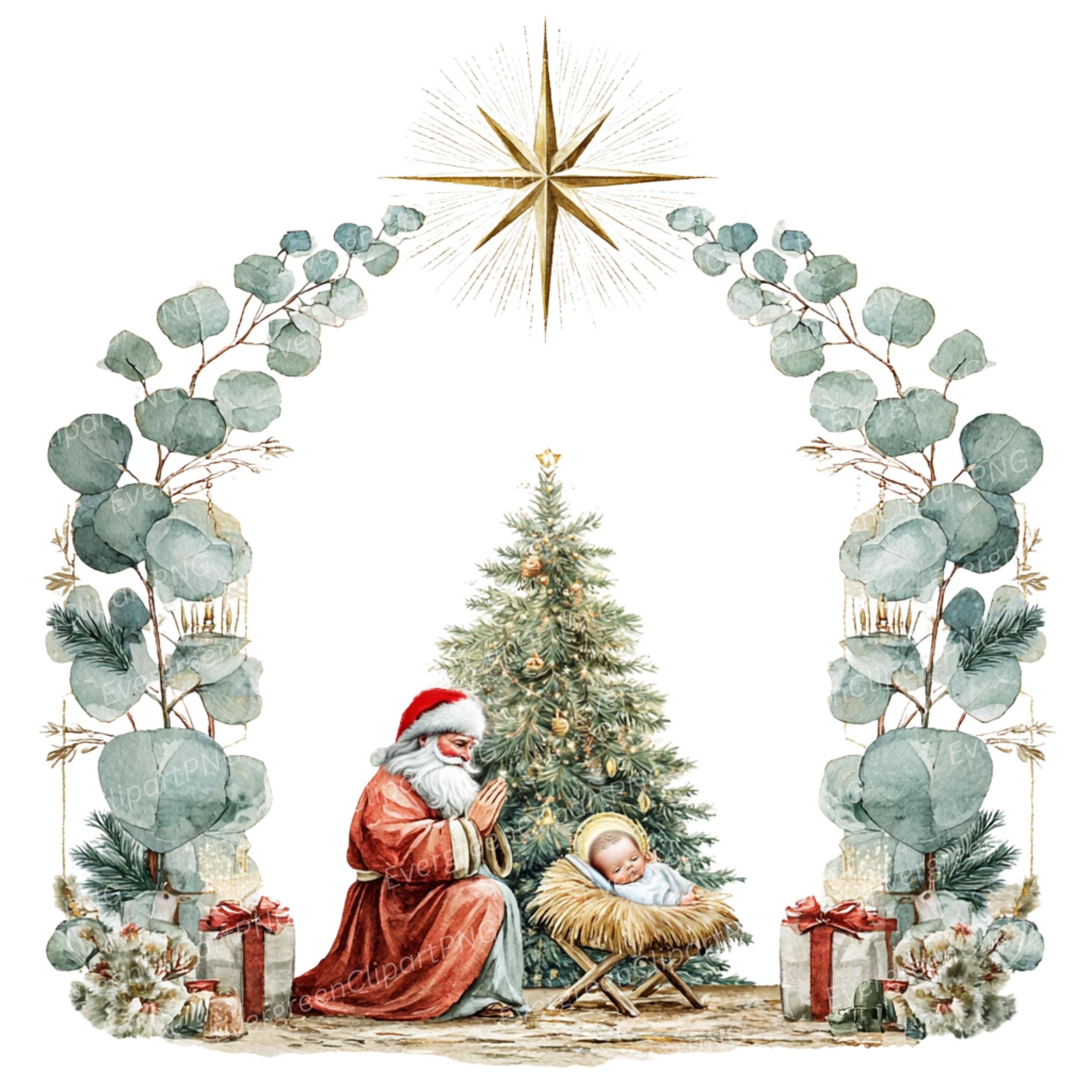 12 Santa Praying to Jesus Christmas Frame Clipart: Watercolor Holiday ...