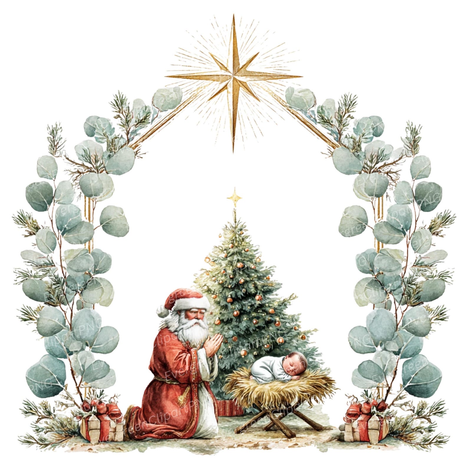 12 Santa Praying to Jesus Christmas Frame Clipart: Watercolor Holiday ...