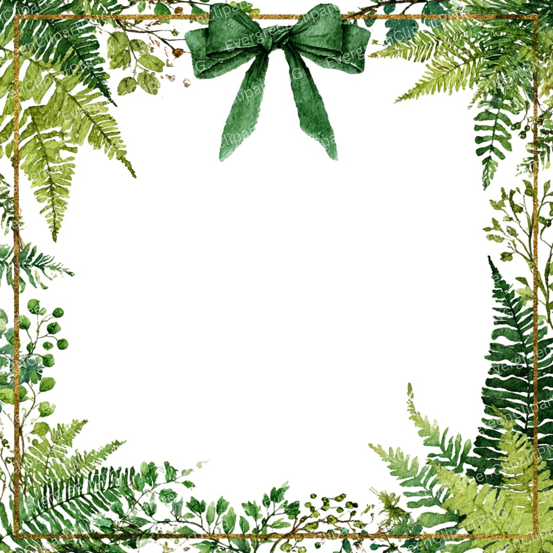 Watercolor Fern Frame Clipart: Greenery Borders With Bow (PNG Digital ...