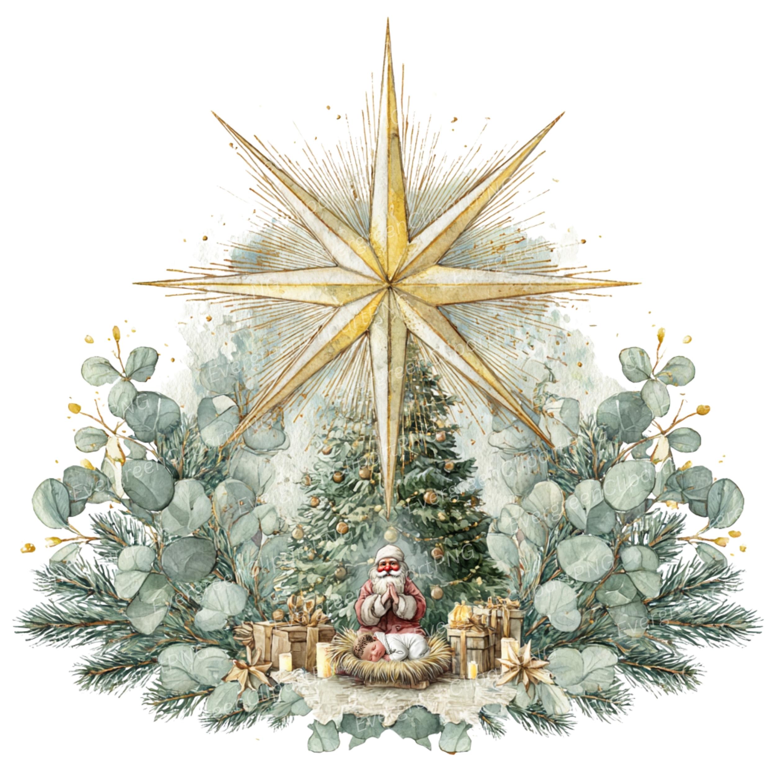 Christmas Nativity Clipart: Santa Praying, Bethlehem Star (PNG Digital ...