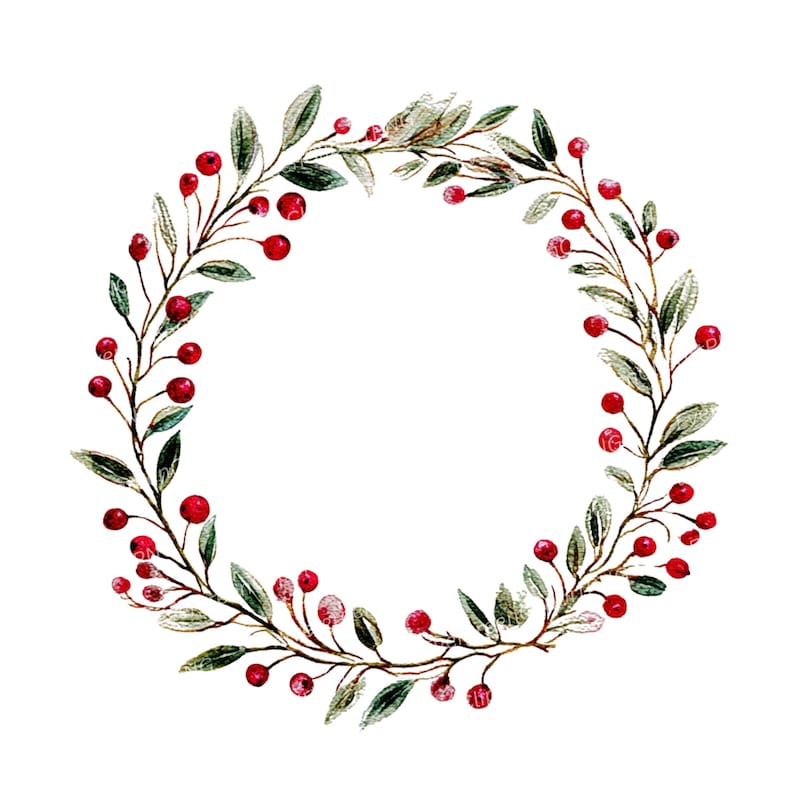 14 Watercolor Christmas Wreath Clipart: Red Berry & Evergreen Frames ...