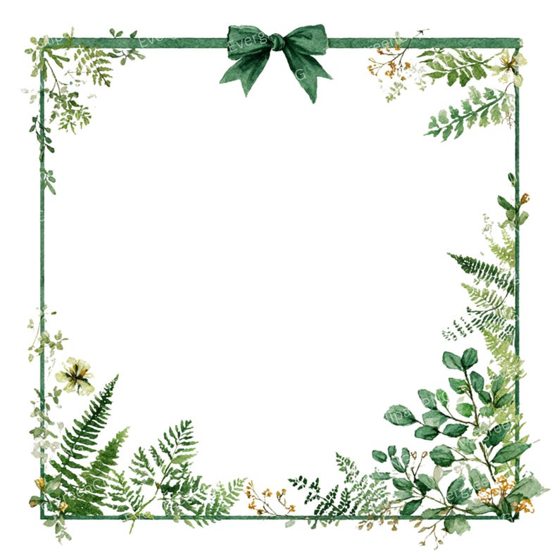 Fern & Ribbon Frame Clipart: Botanical Greenery PNG Borders (digital ...