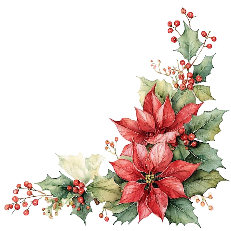 Watercolor Poinsettia Christmas Border Clipart: Festive Holly Frames ...
