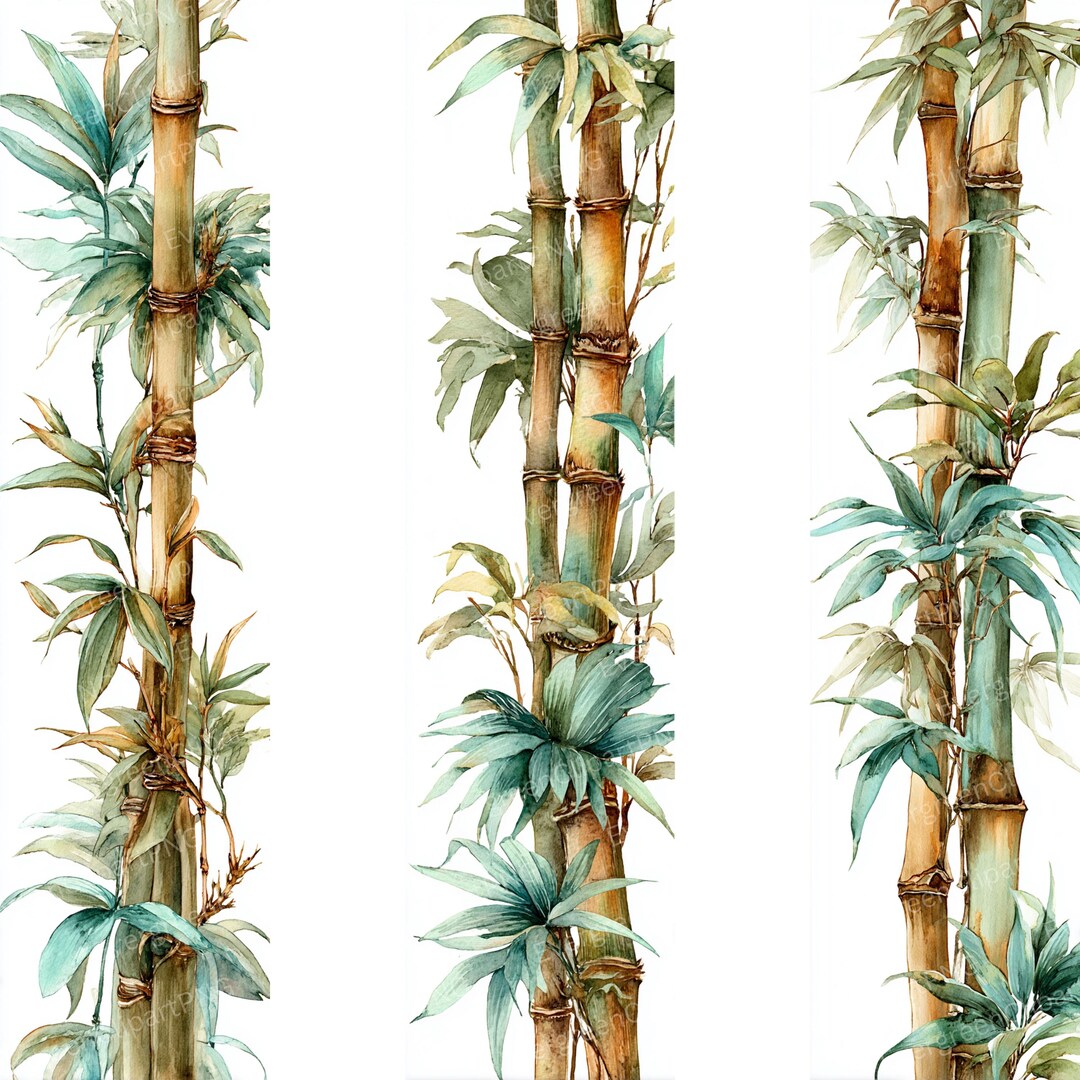 Watercolor Bamboo Border Clipart: Zen Asian Frame Elements (PNG Digital ...