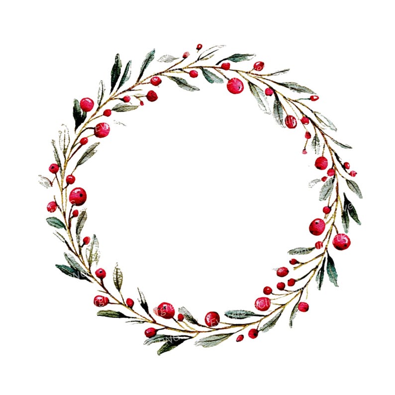 14 Watercolor Christmas Wreath Clipart: Red Berry & Evergreen Frames ...