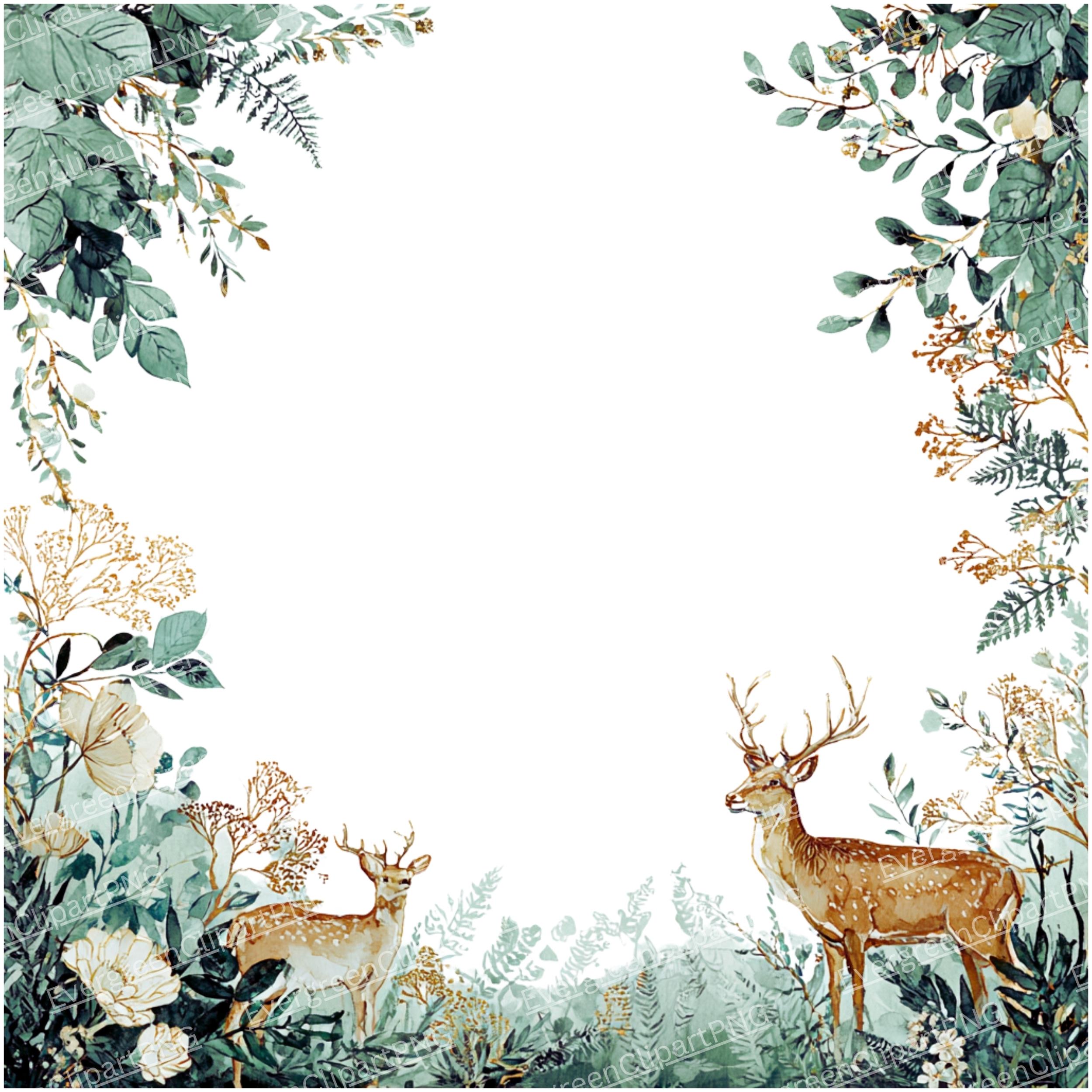 Forest Frame Clipart: Deer, Woodland Greenery Border (digital Download ...