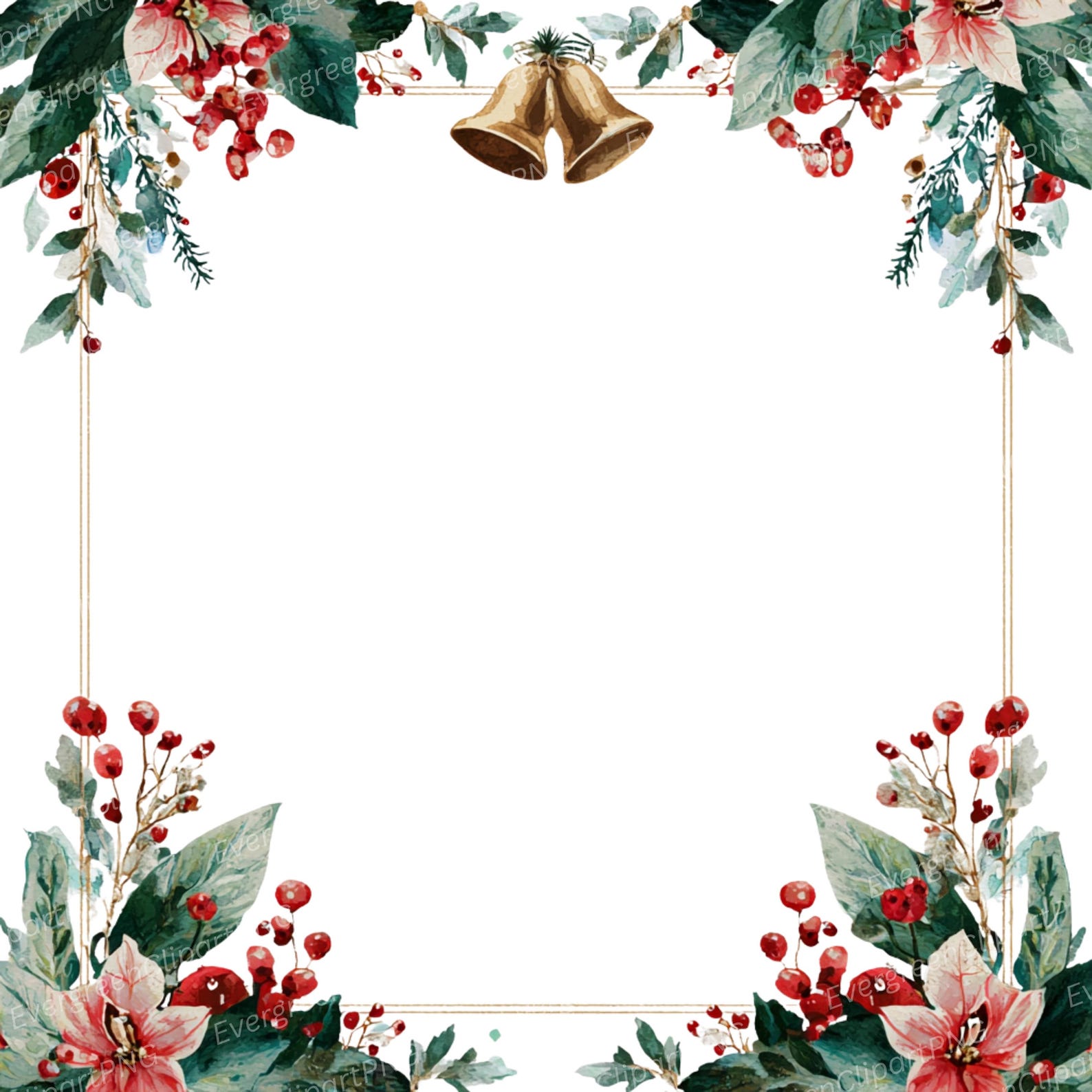 Watercolor Christmas Bell Frame Clipart, Pine Garland (4 PNG Digital ...