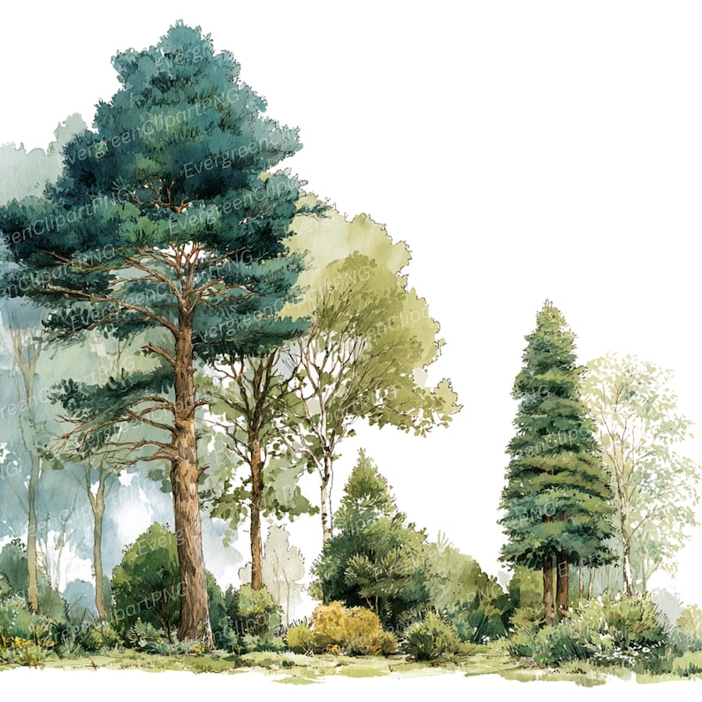 Watercolor Forest Tree Clipart: Woodland Landscape PNG (digital ...
