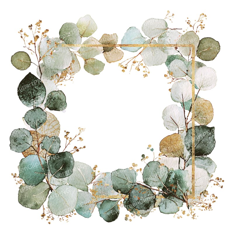 Eucalyptus Gold Frame Clipart: Watercolor Botanical Wedding Invitation ...
