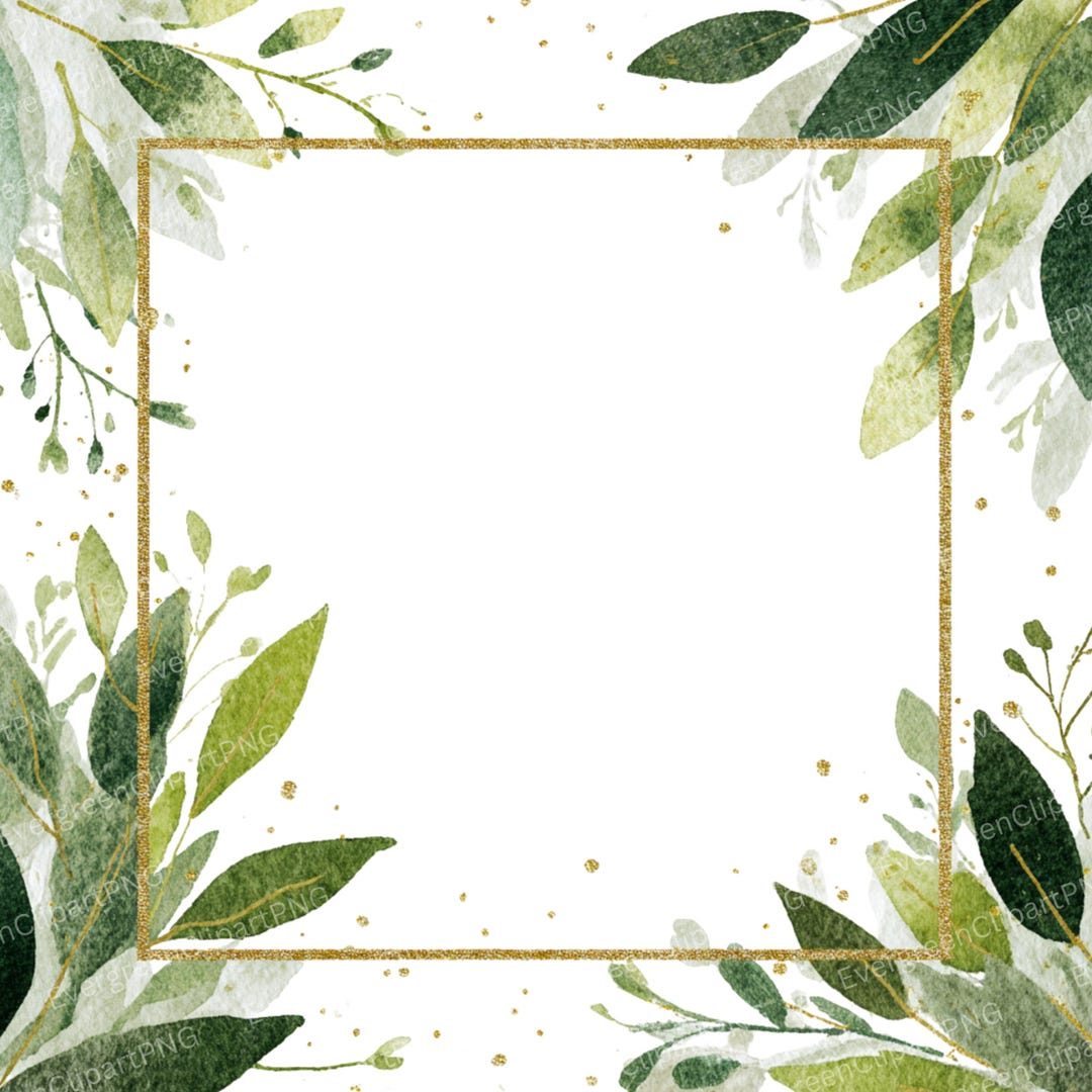 Green Leaves Gold Frame Clipart, Watercolor Botanical Square Borders ...
