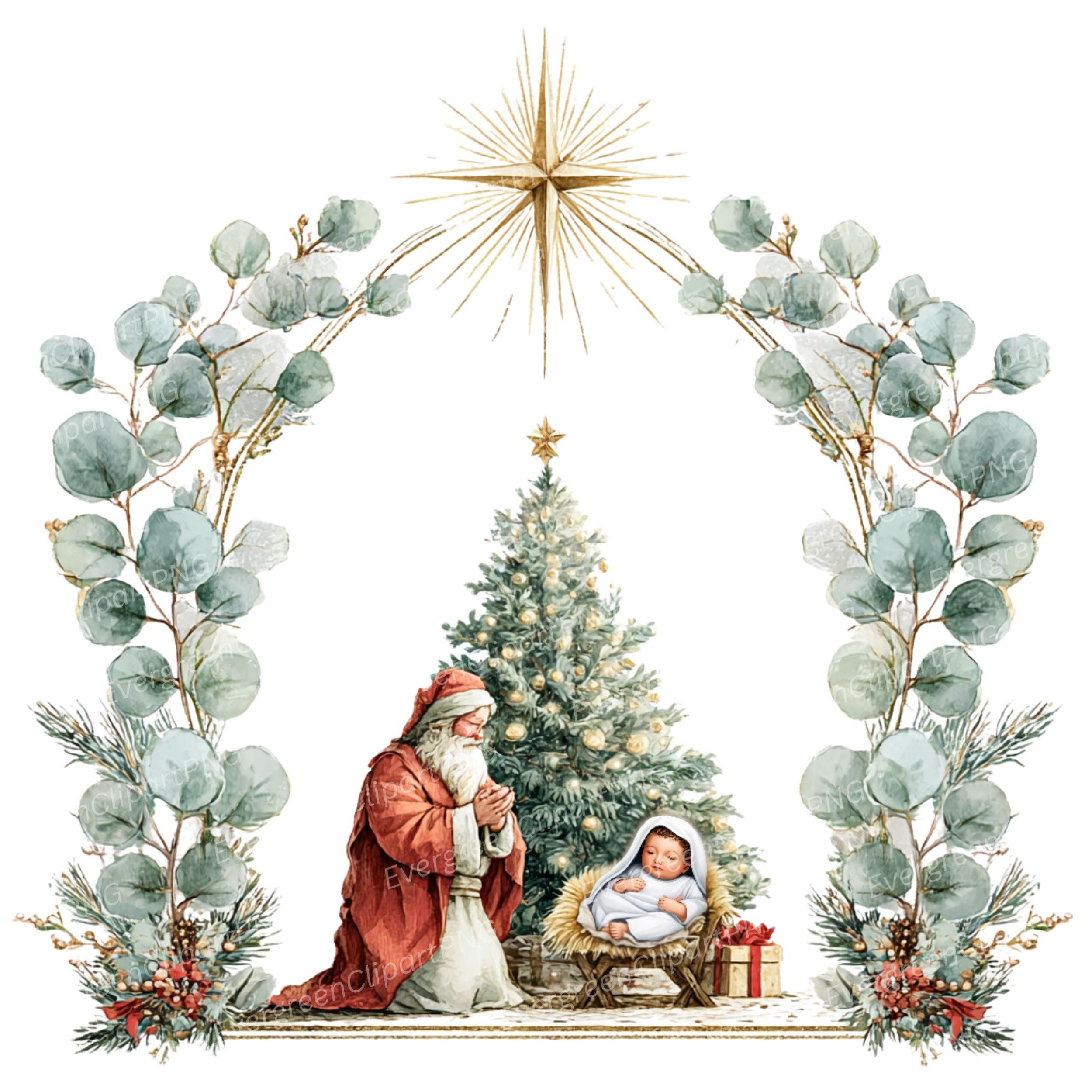 12 Santa Praying to Jesus Christmas Frame Clipart: Watercolor Holiday ...