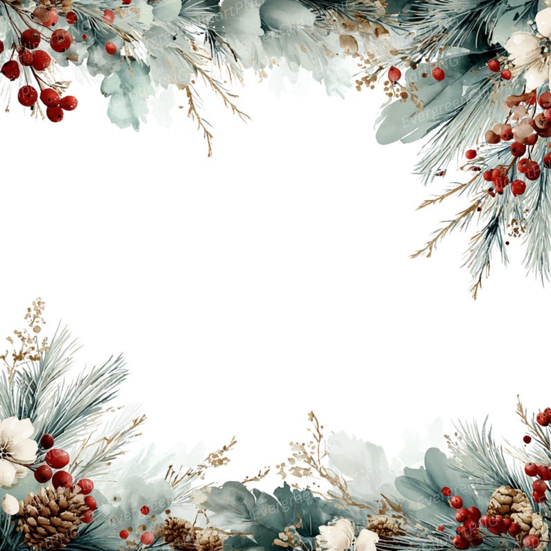 12 PNG Watercolor Christmas Frame Clipart, Holiday Wreaths, Festive ...