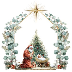 12 Santa Praying to Jesus Christmas Frame Clipart: Watercolor Holiday ...