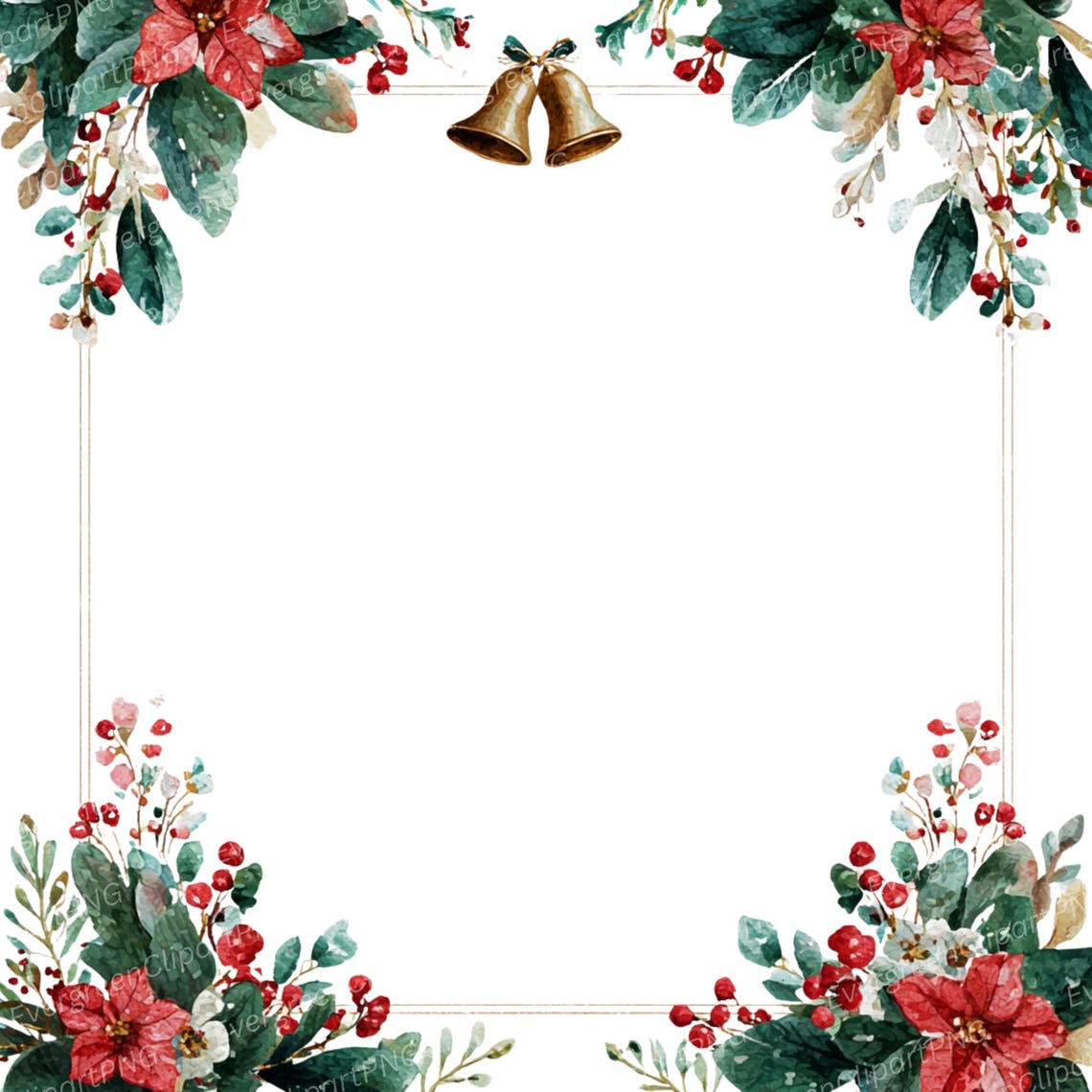Watercolor Christmas Bell Frame Clipart, Pine Garland (4 PNG Digital ...