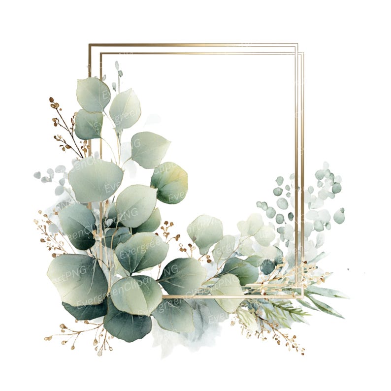 10 Eucalyptus Gold Frame Clipart: Watercolor Greenery, Botanical ...