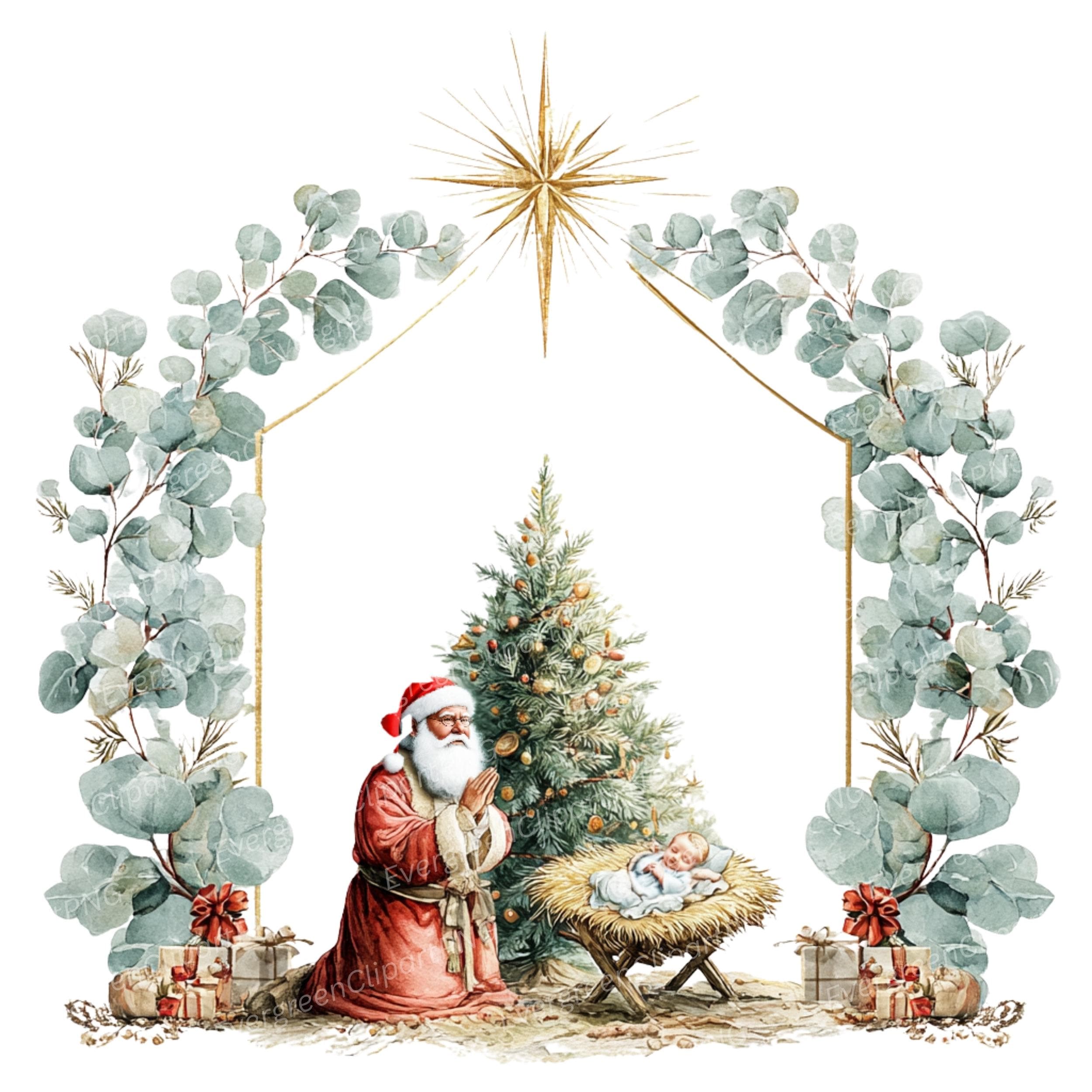 12 Santa Praying to Jesus Christmas Frame Clipart: Watercolor Holiday ...