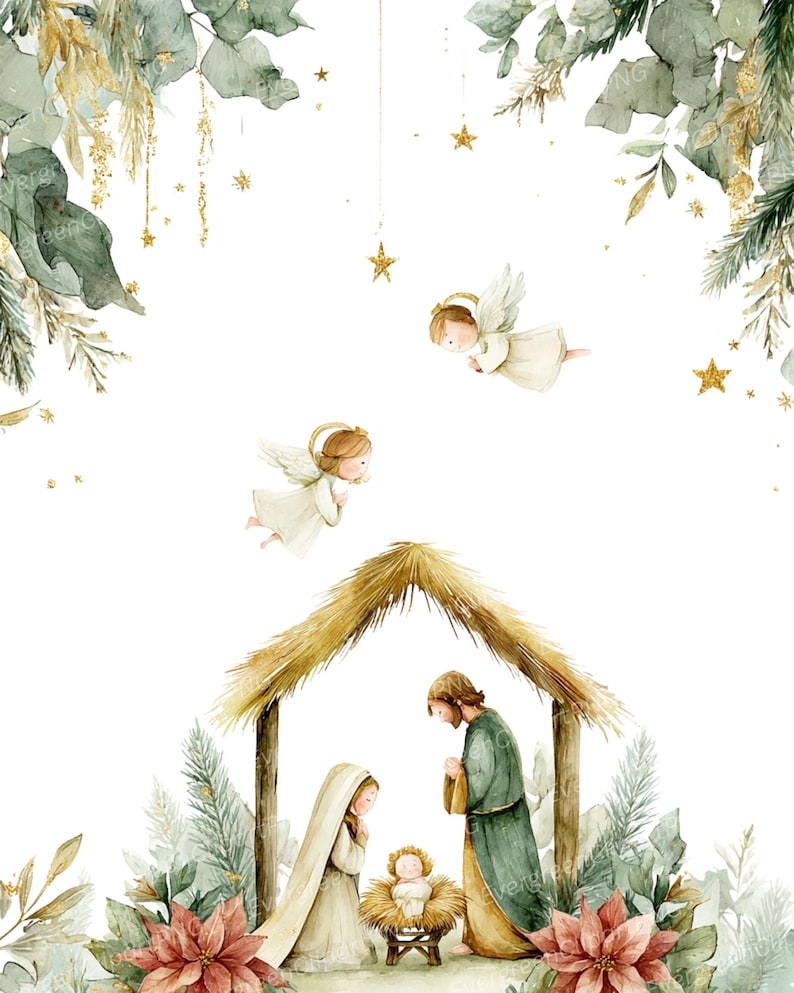 Watercolor Nativity Clipart: Holy Family, Angels, Stars (PNG Digital ...