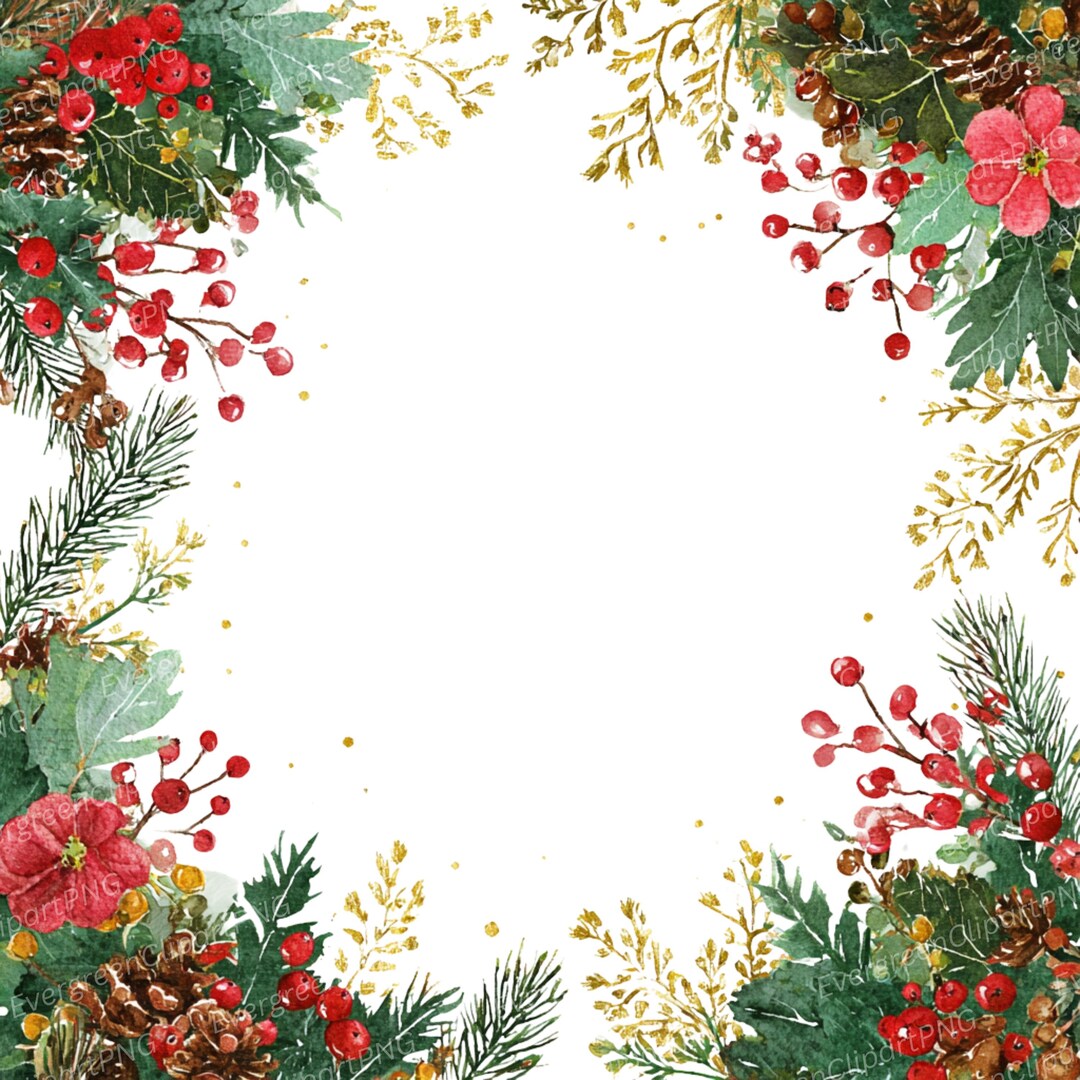 4 PNG Christmas Green Frame Clipart, Pine Cones & Poinsettia, Red Berry ...