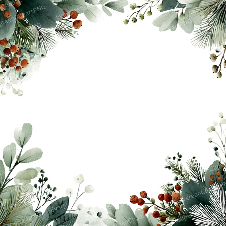 Christmas Greenery Frame Clipart: Watercolor Holiday PNG (digital ...