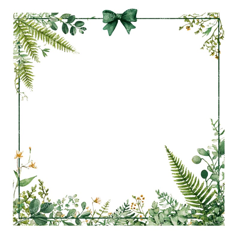 Fern & Ribbon Frame Clipart: Botanical Greenery PNG Borders (digital ...