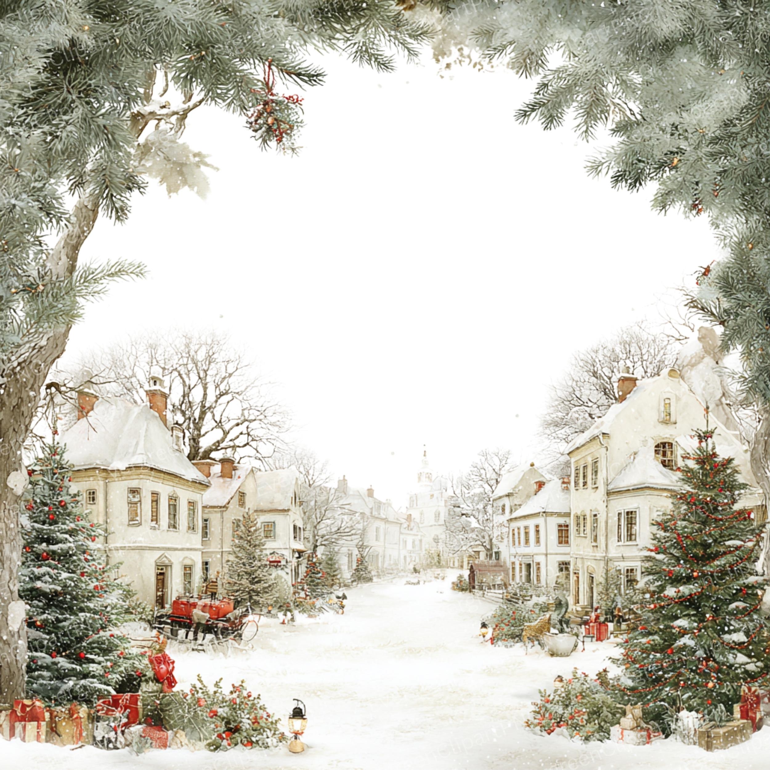 12 Watercolor Christmas Town Frame Clipart: Holiday Village PNG Borders ...