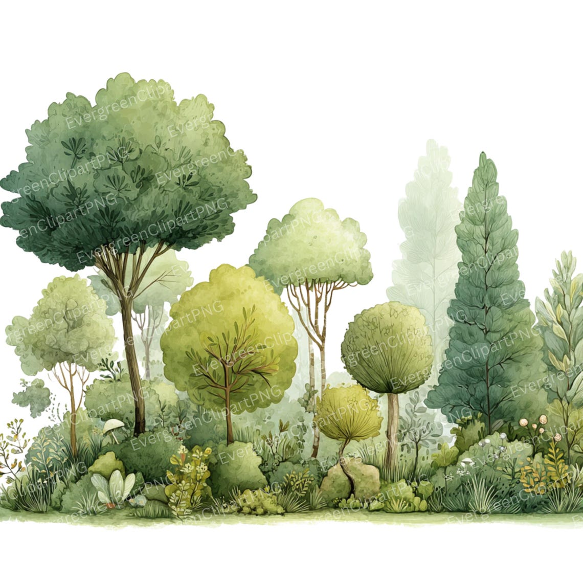 12 Watercolor Forest Tree Clipart Border: Woodland Greenery PNG ...