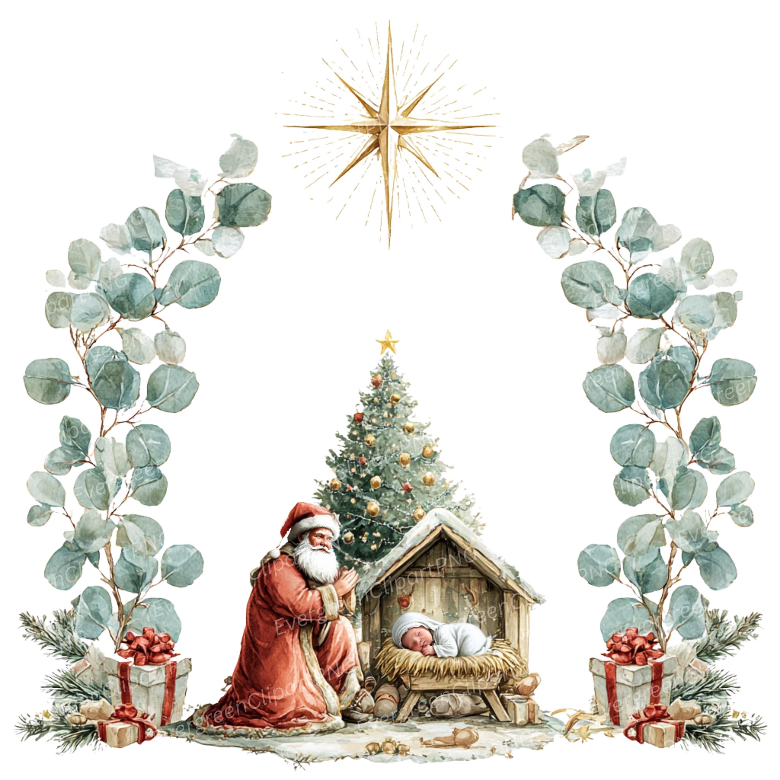 12 Santa Praying to Jesus Christmas Frame Clipart: Watercolor Holiday ...