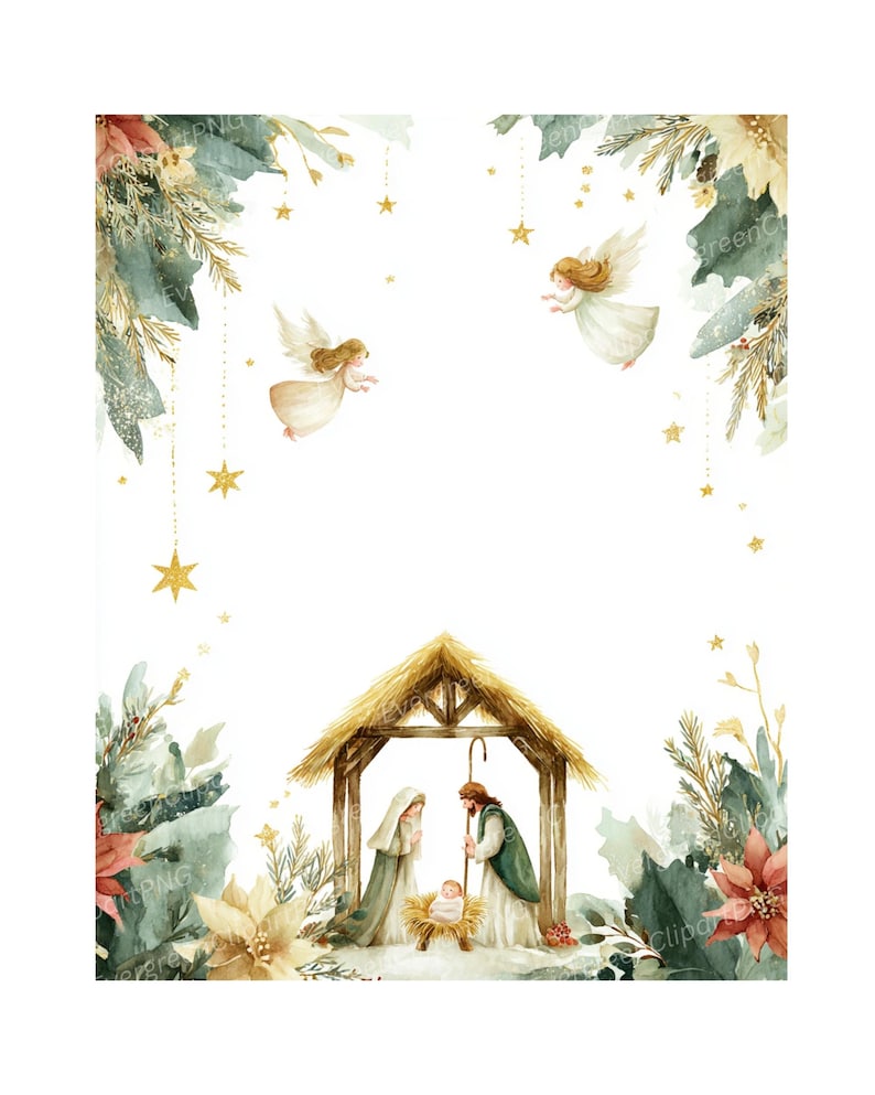 Watercolor Nativity Frames: Holy Family, Angels, Stars (PNG Digital ...