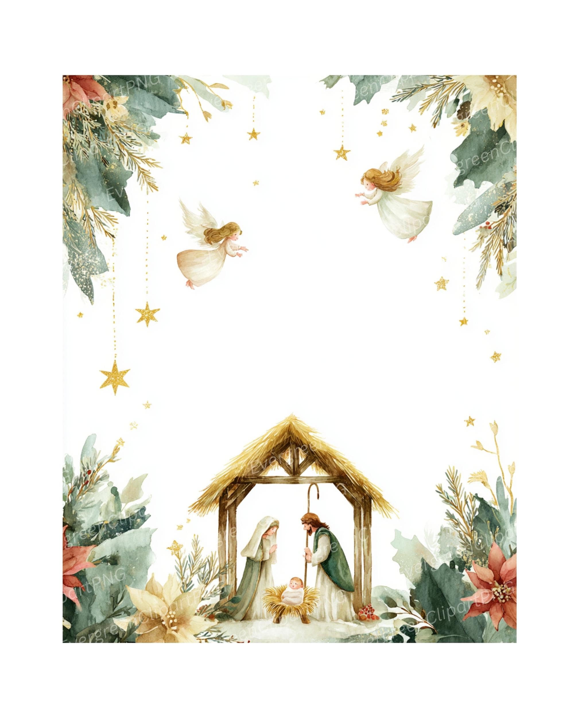 Watercolor Nativity Frames: Holy Family, Angels, Stars (PNG Digital ...