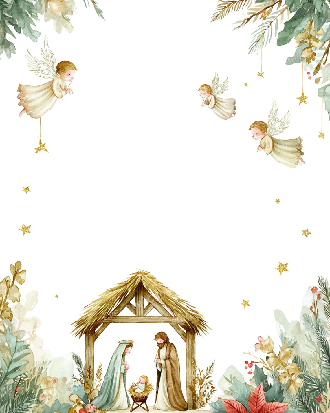 Watercolor Nativity Frames: Holy Family, Angels, Stars (PNG Digital ...