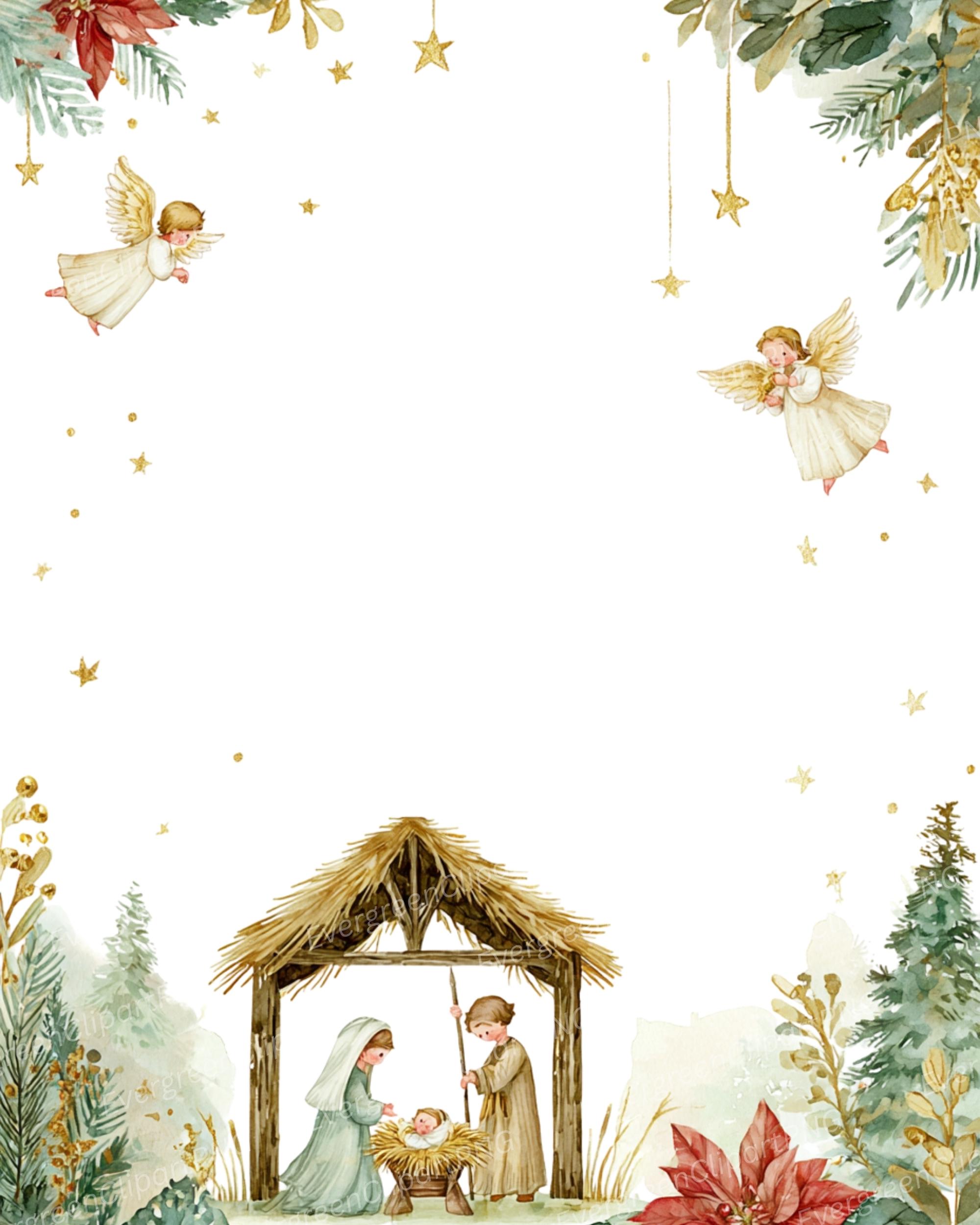 Watercolor Nativity Frames: Holy Family, Angels, Stars (PNG Digital ...