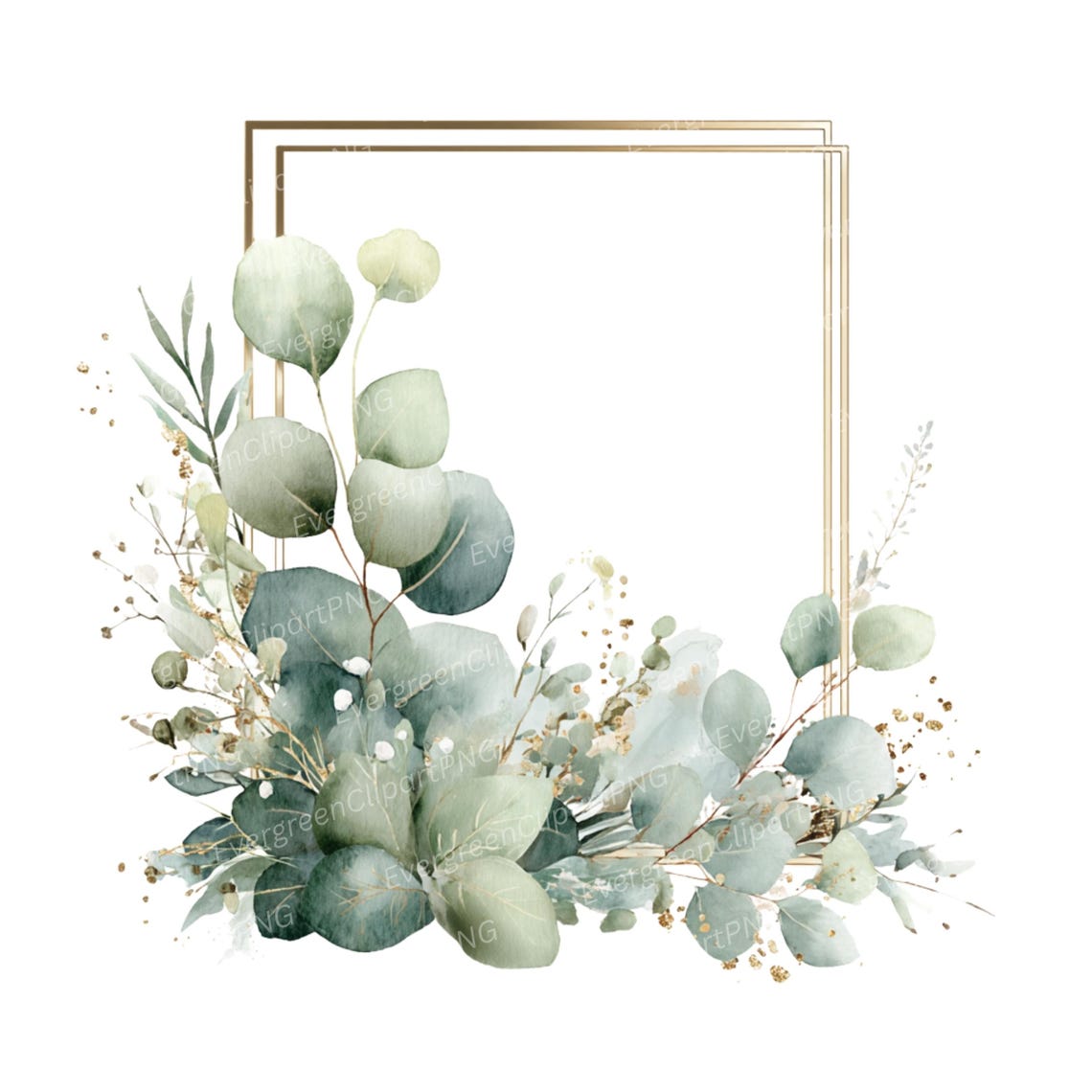 10 Eucalyptus Gold Frame Clipart: Watercolor Greenery, Botanical ...