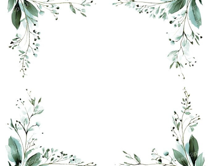 8 Watercolor Green Leaves Frame Clipart: Botanical Decor (PNG Digital ...