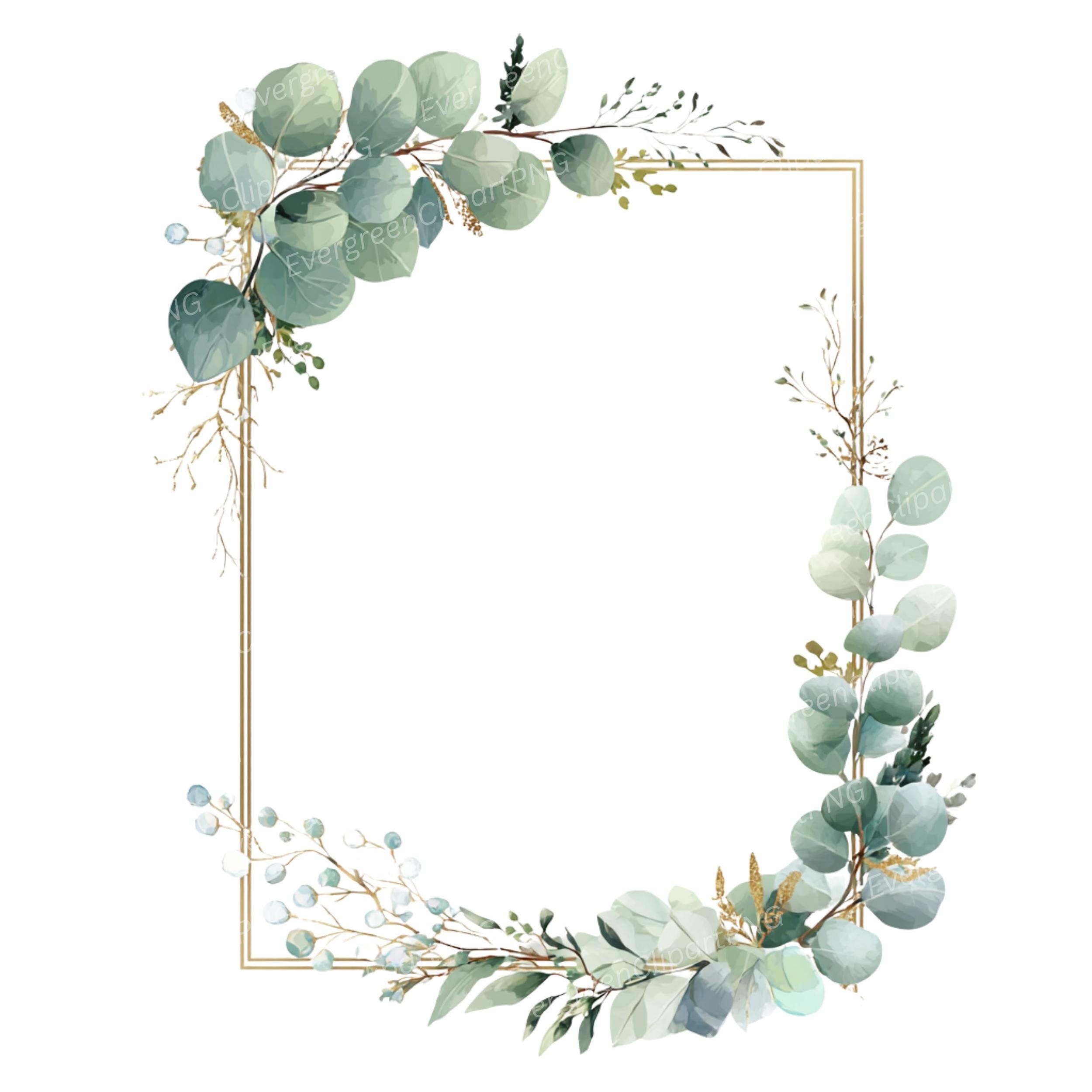 Watercolor Eucalyptus Gold Frame: Floral Wreath Clipart (PNG Digital ...