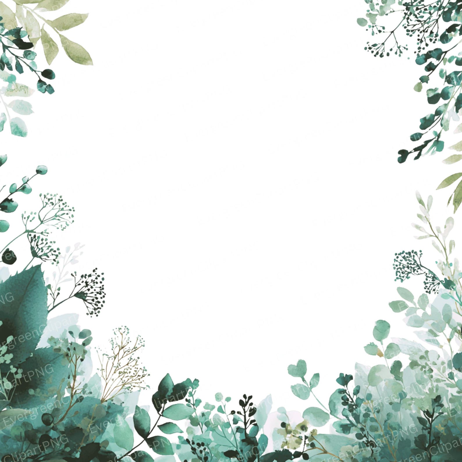 Watercolor Green Leaves Frame Clipart: Botanical Wreath PNG (digital ...