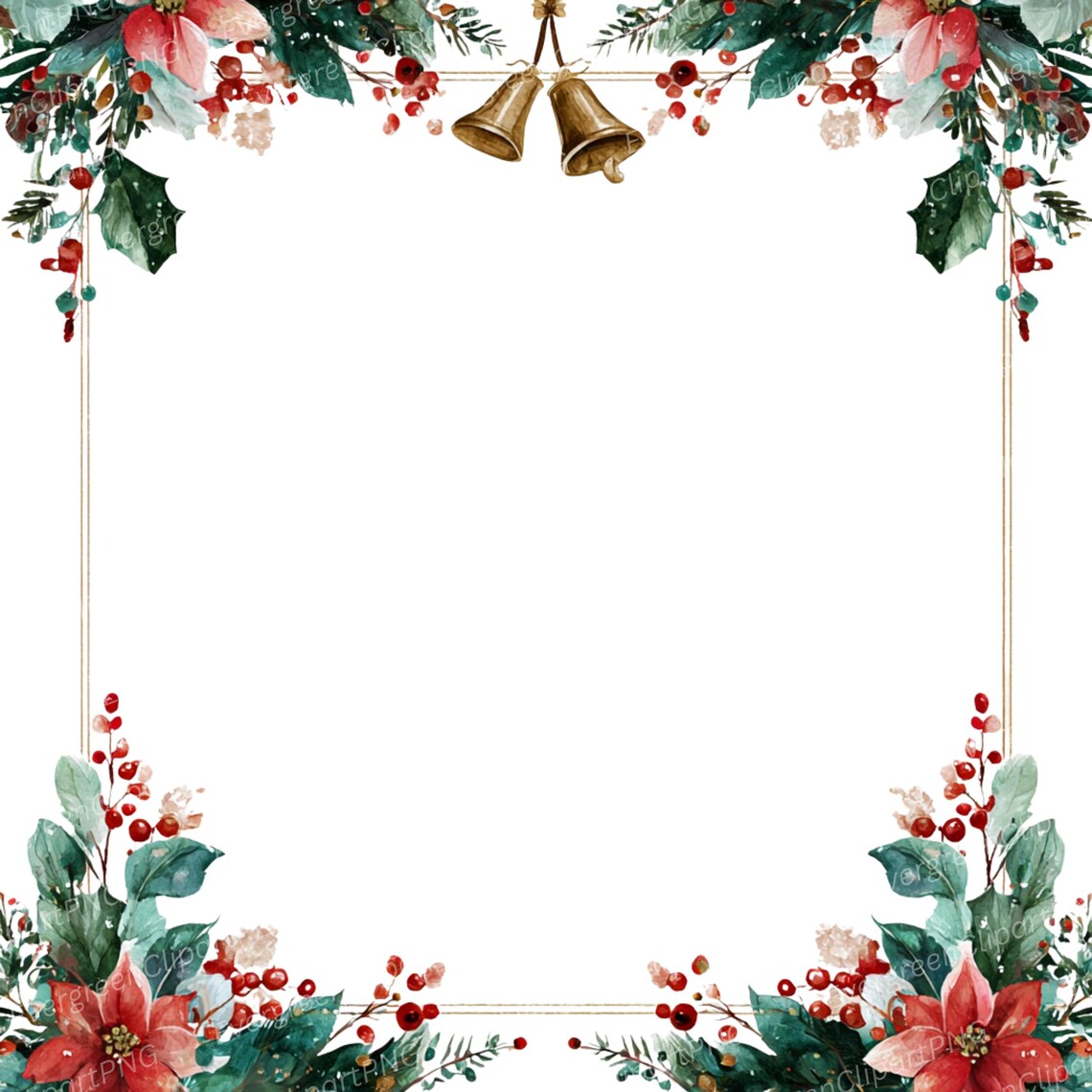 Watercolor Christmas Bell Frame Clipart, Pine Garland (4 PNG Digital ...