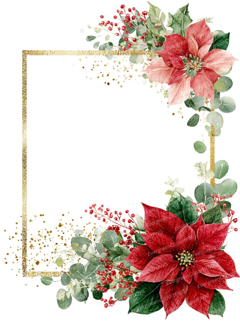 Watercolor Poinsettia Christmas Frames | Gold Holiday Border (PNG) - Etsy