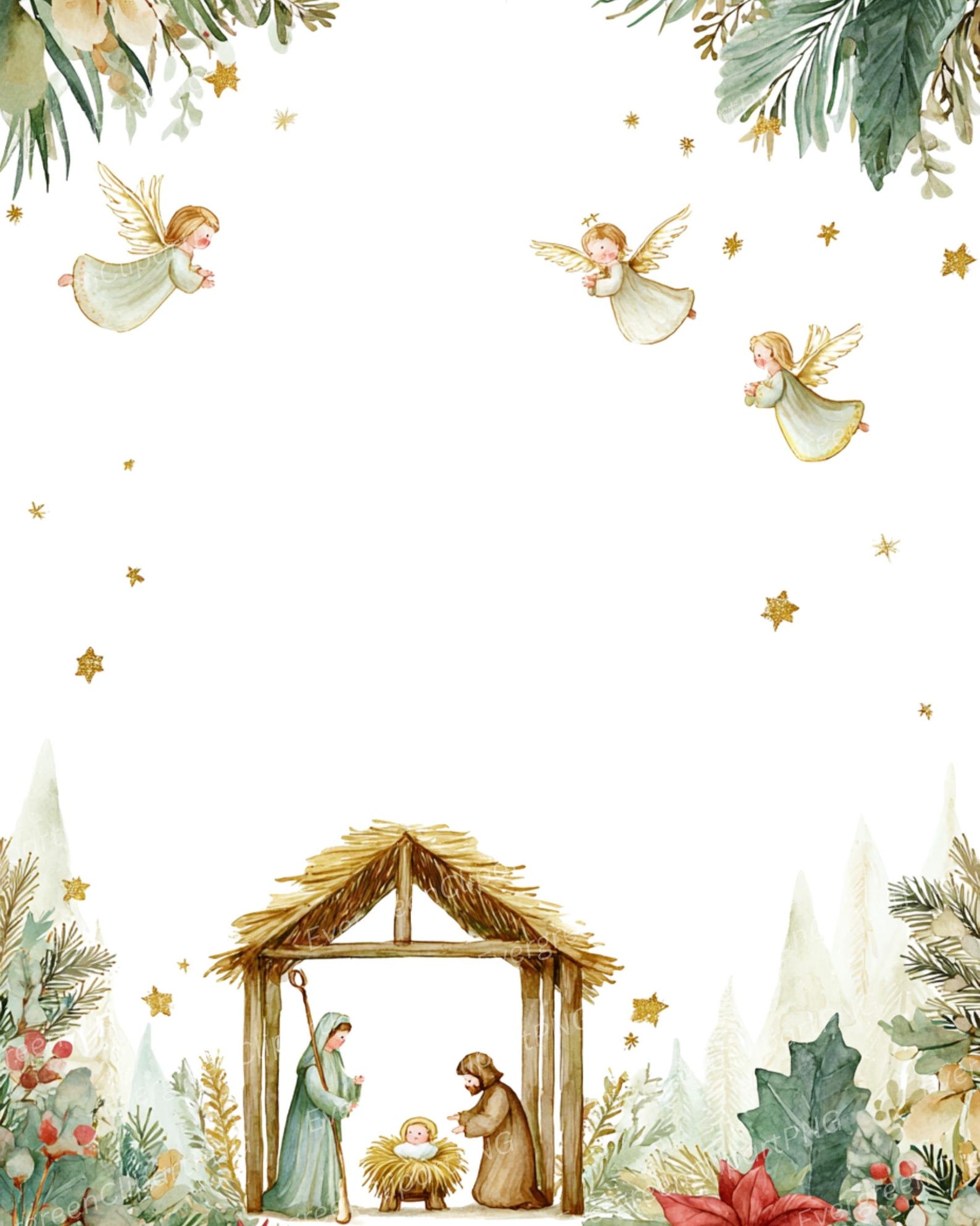 Watercolor Nativity Frames: Holy Family, Angels, Stars (PNG Digital ...