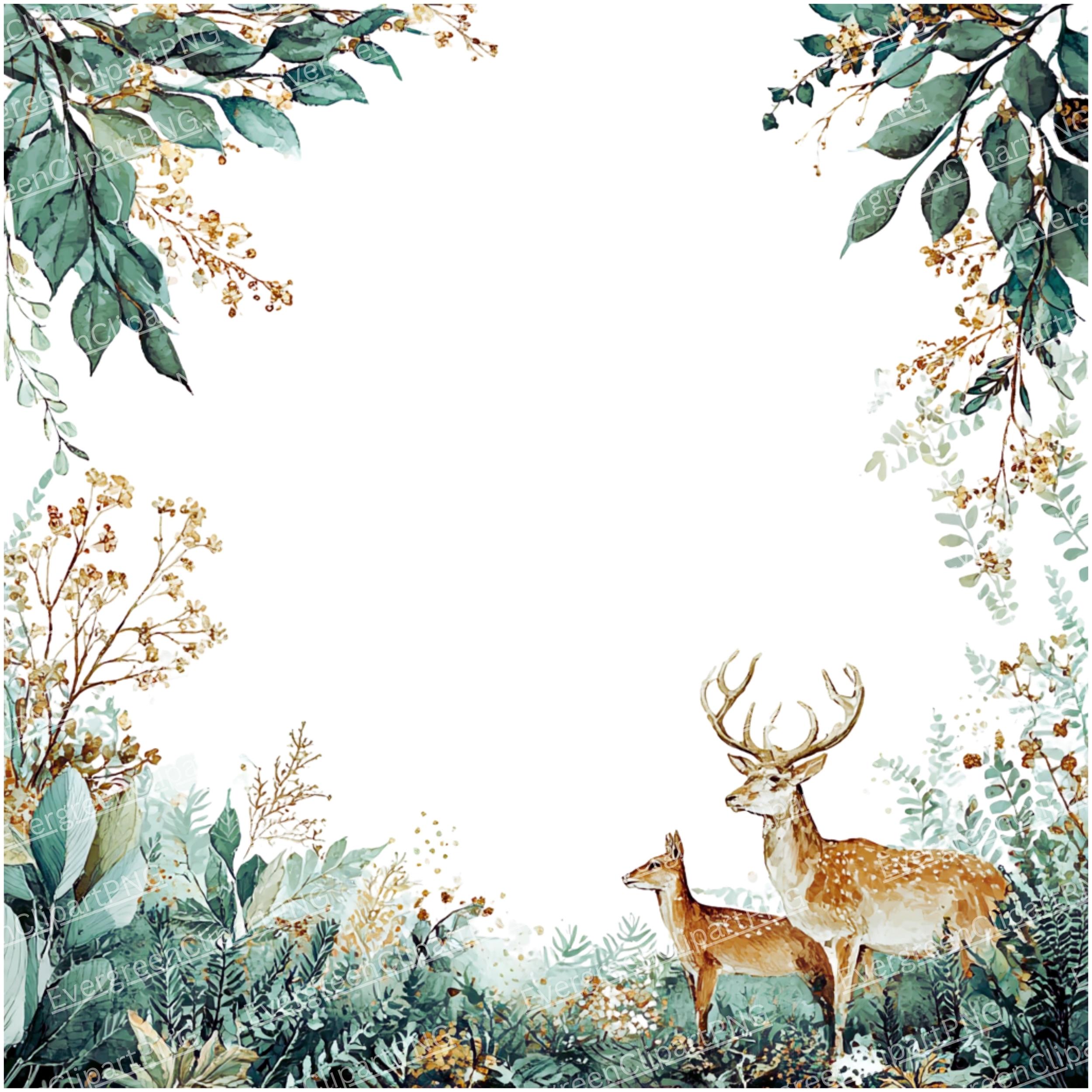Forest Frame Clipart: Deer, Woodland Greenery Border (digital Download ...