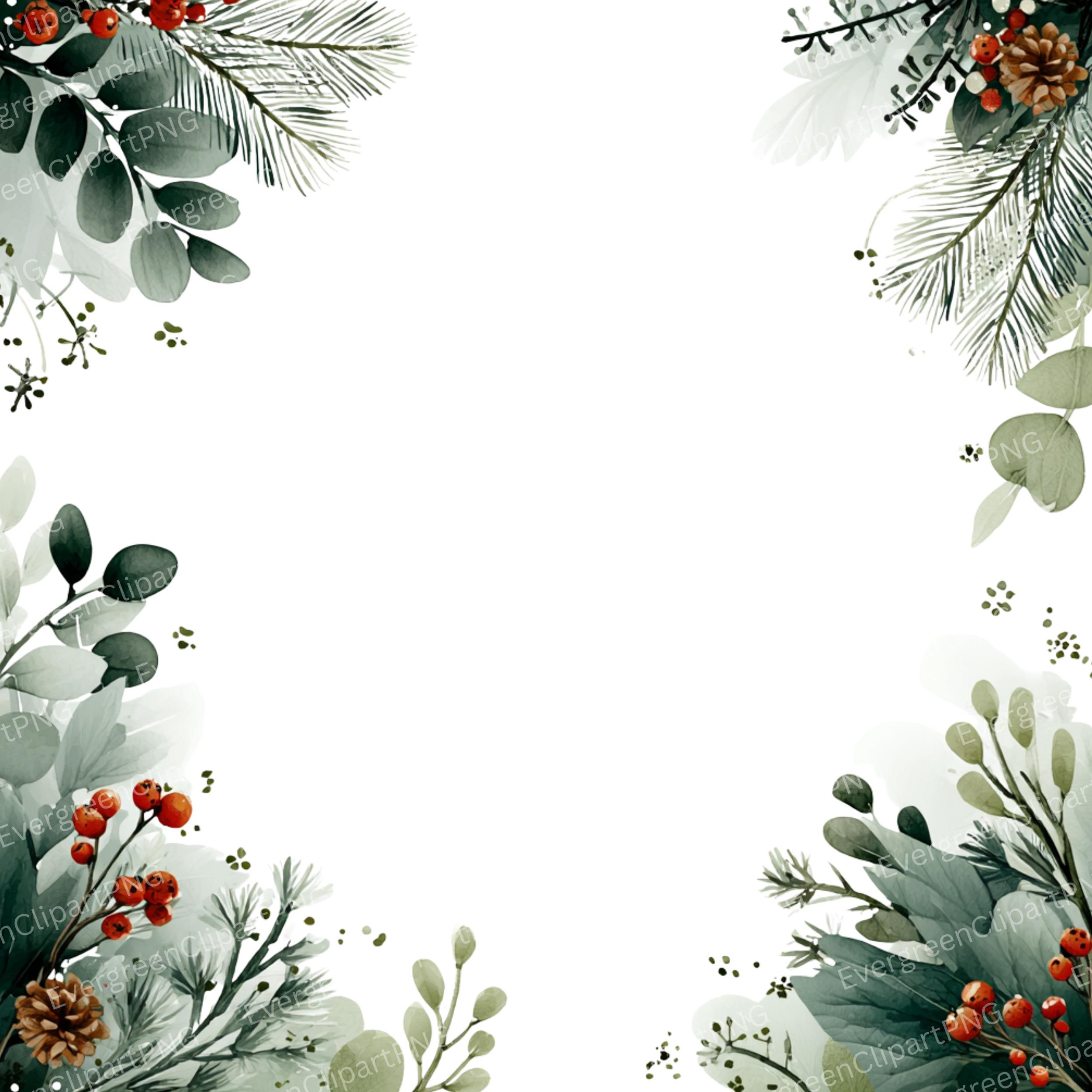 Christmas Greenery Frame Clipart: Watercolor Holiday PNG (digital ...